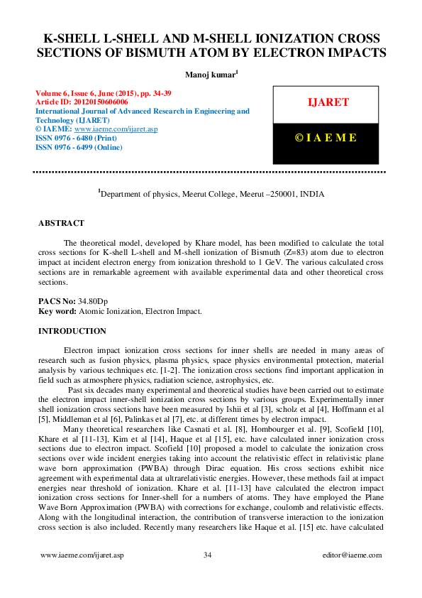 (PDF) K SHELL L SHELL AND M SHELL IONIZATION CROSS SECTIONS OF BISMUTH ATOM BY ELECTRON IMPACTS