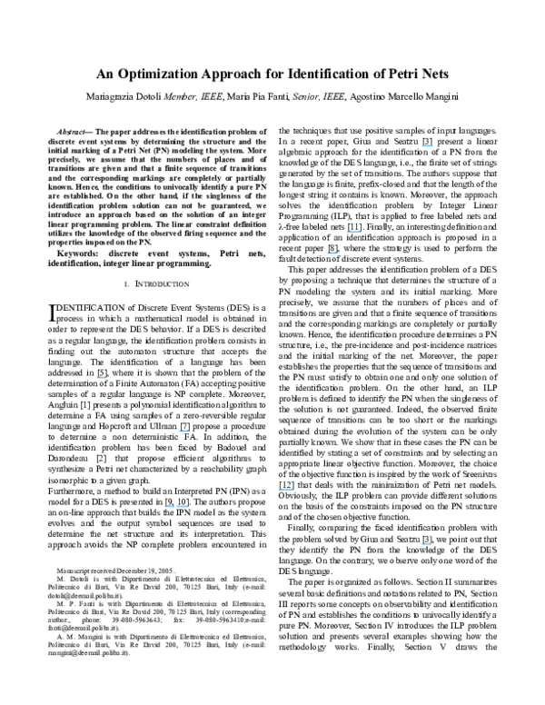 (PDF) An Optimization Approach for Identification of Petri Nets