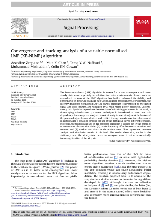 (PDF) Convergence and tracking analysis of a variable normalised LMF (XE-NLMF) algorithm