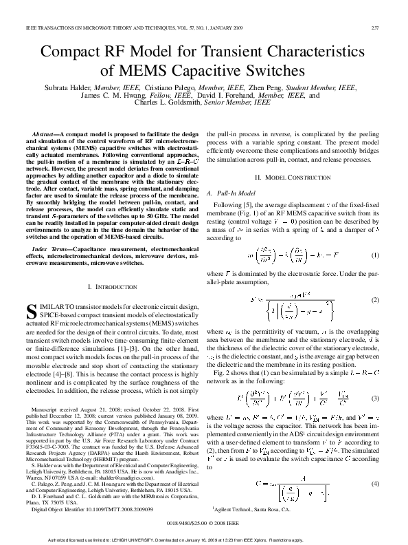 (PDF) Compact RF Model for Transient Characteristics of MEMS Capacitive ...