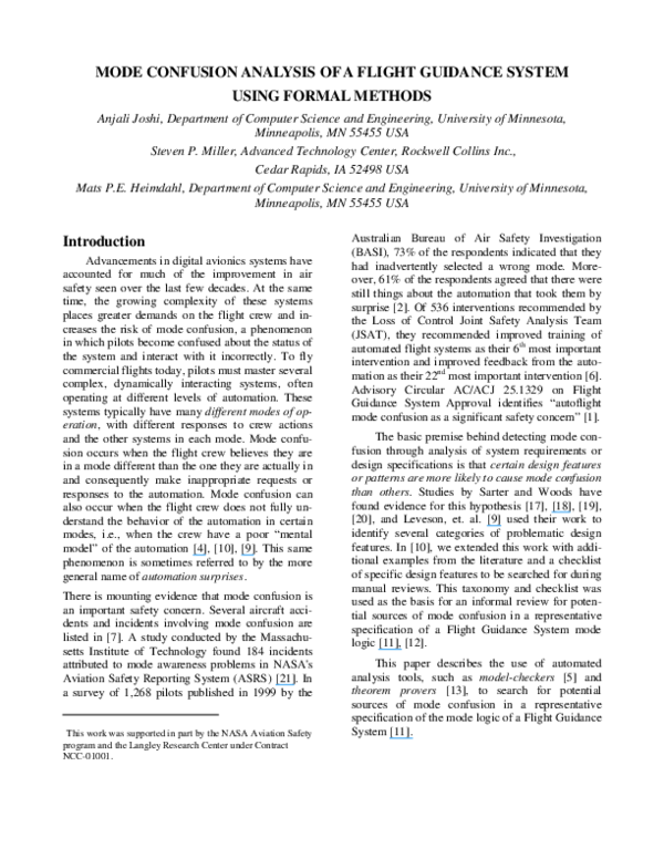 (PDF) Mode confusion analysis of a flight guidance system using formal methods