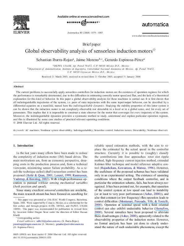 Pdf Global Observability Analysis Of Sensorless Induction Motors