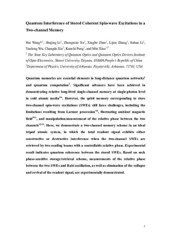 (PDF) Quantum interference of stored dual-channel spin-wave excitations in a single tripod system