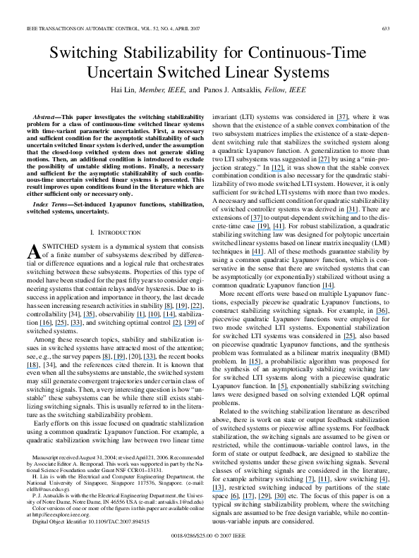 (PDF) Switching Stabilizability for Continuous-Time Uncertain Switched Linear Systems