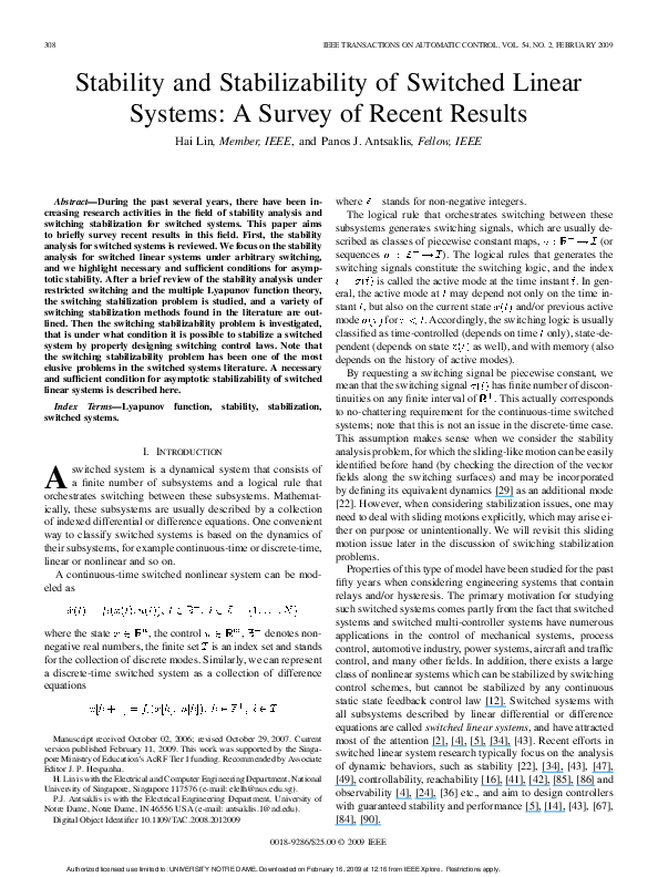 (PDF) Stability and Stabilizability of Switched Linear Systems: A ...