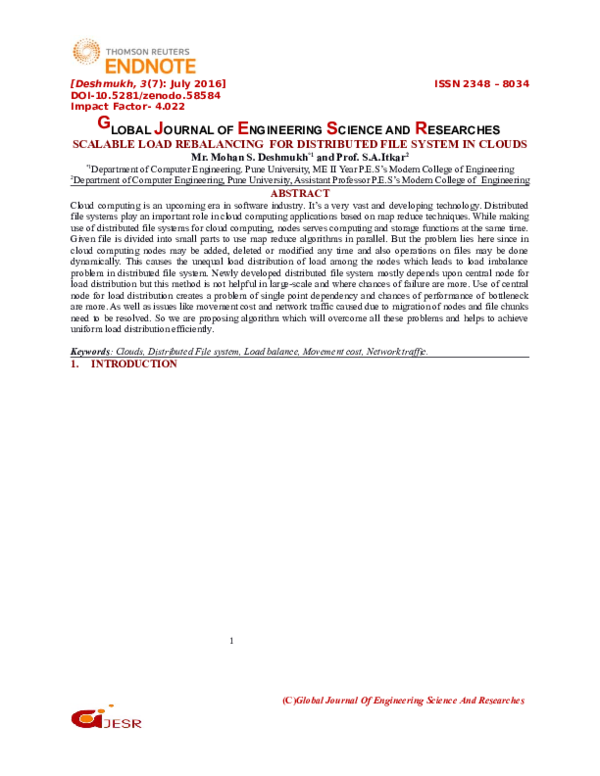 SCALABLE LOAD REBALANCING FOR DISTRIBUTED FILE SYSTEM IN CLOUDS