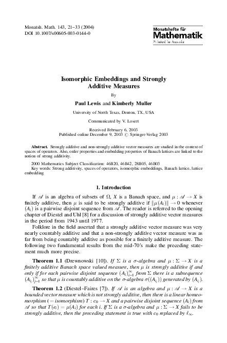 (PDF) Isomorphic Embeddings and Strongly Additive Measures