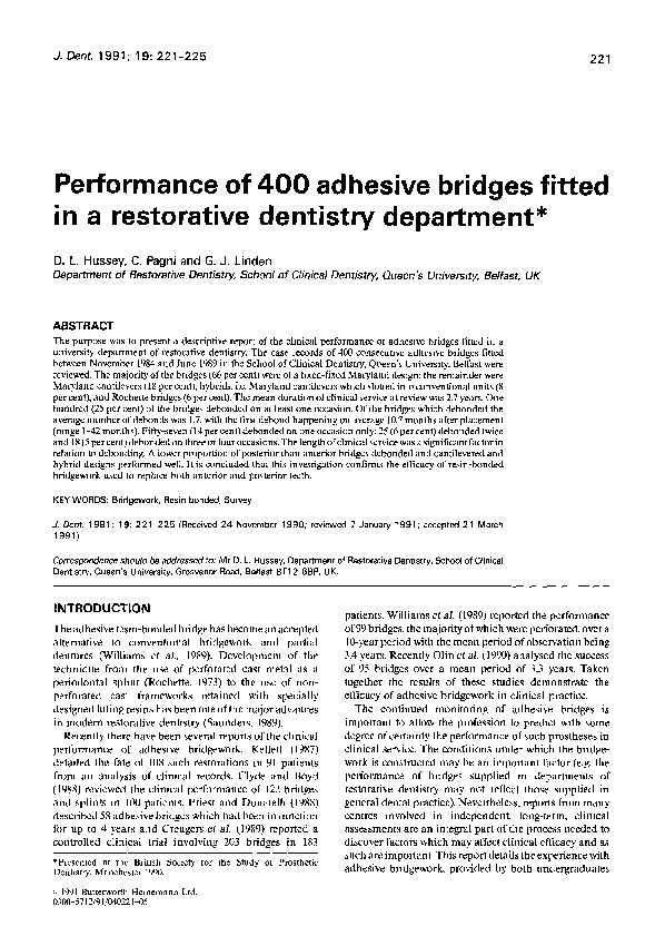 (PDF) Performance of 400 adhesive bridges fitted in a restorative ...