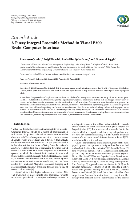 A Fuzzy Integral Ensemble Method In Visual P300 Brain Computer Interface