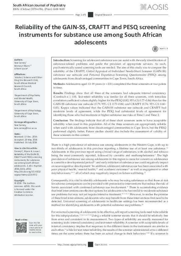 (PDF) Reliability of the GAIN-SS, CRAFTT and PESQ screening instruments ...