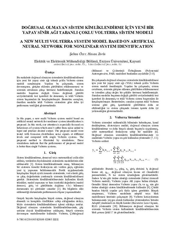 Pdf A New Multi Volterra System Model Based On Artificial Neural Network For Nonlinear System
