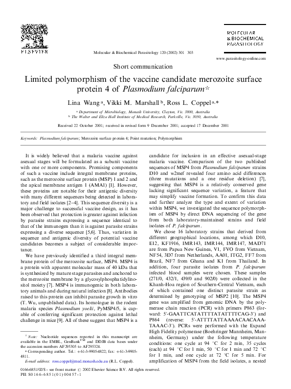 (PDF) Limited polymorphism of the vaccine candidate merozoite surface ...