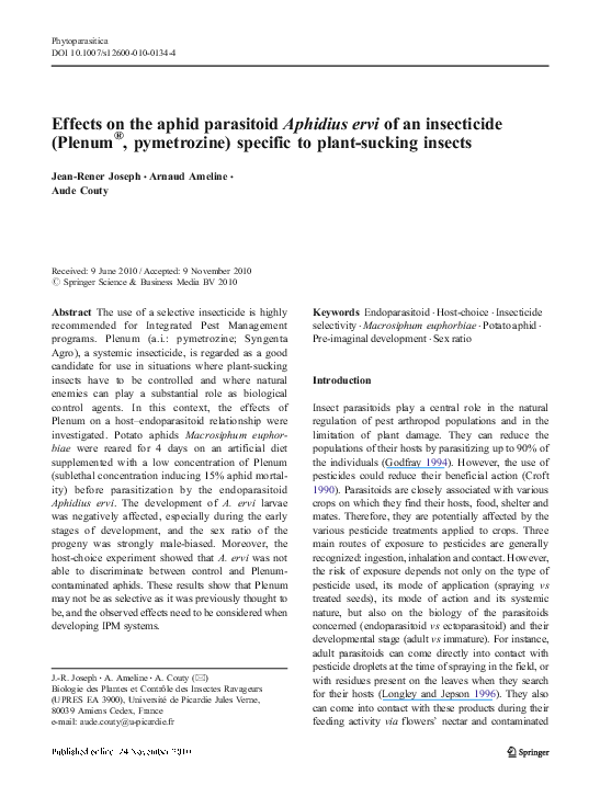 (PDF) Effects on the aphid parasitoid Aphidius ervi of an insecticide ...