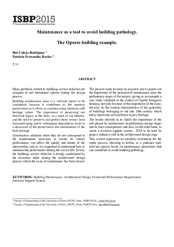 Maintenance as a tool to avoid building pathology. The Oporto building ...
