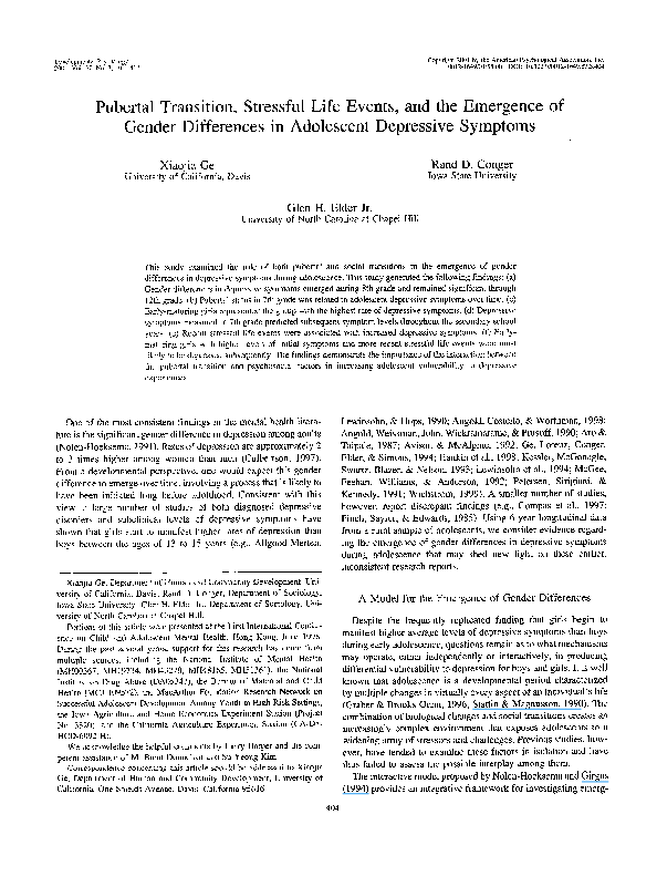 Pdf Pubertal Transition Stressful Life Events And The Emergence Of