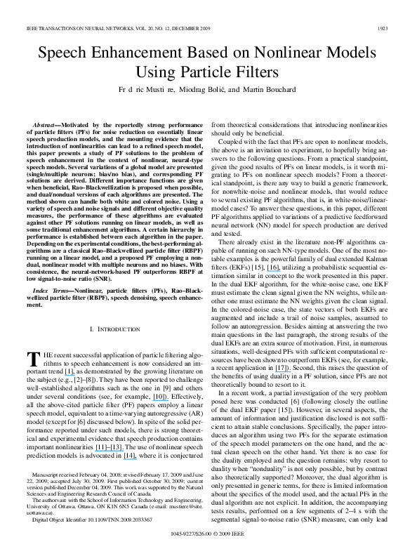 (PDF) Speech Enhancement Based on Nonlinear Models Using Particle Filters