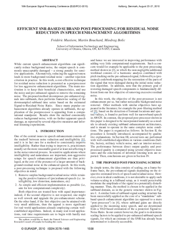 (PDF) Efficient SNR-Based Subband Post-Processing for Residual Noise Reduction in Speech ...