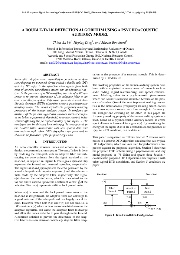 Pdf A Double Talk Detection Algorithm Using A Psychoacoustic Auditory Model Martin Bouchard