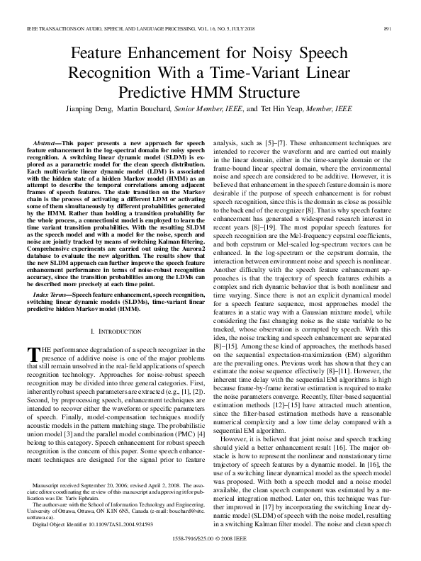 Pdf Feature Enhancement For Noisy Speech Recognition With A Time Variant Linear Predictive Hmm