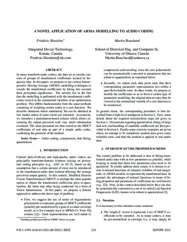 (PDF) A novel application of ARMA modelling to audio coding