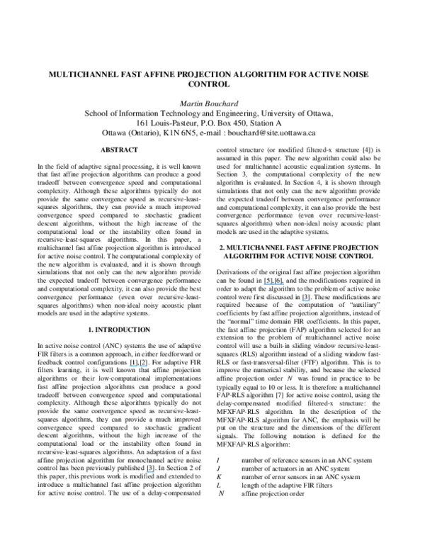 (PDF) Multichannel fast affine projection algorithm for active noise Control | Martin Bouchard ...