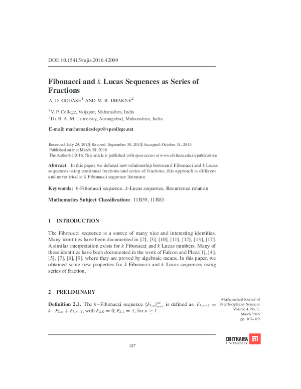 (PDF) Fibonacci and k Lucas Sequences as Series of Fractions