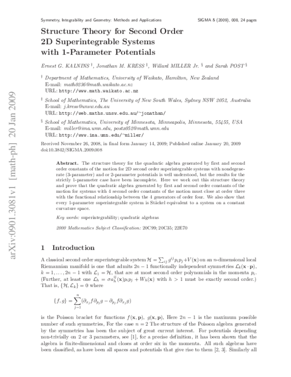 (PDF) Structure Theory for Second Order 2D Superintegrable Systems with 1-Parameter Potentials