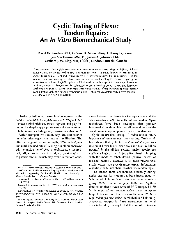 (PDF) Cyclic testing of flexor tendon repairs: An in vitro ...