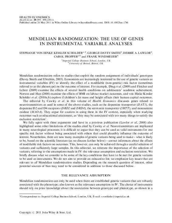 (PDF) Mendelian randomization: the use of genes in instrumental variable analyses