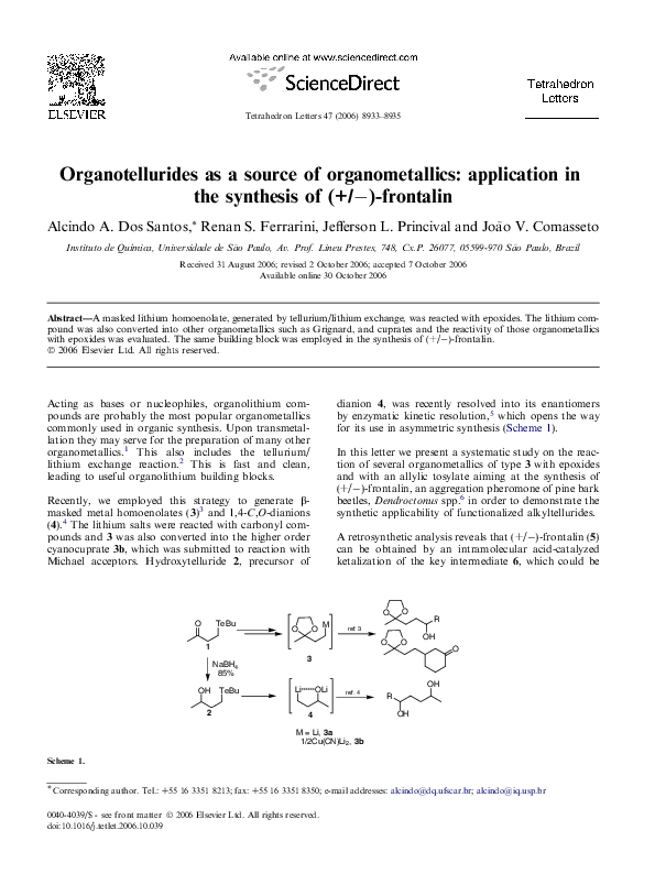 (PDF) Organotellurides as a source of organometallics: application in ...