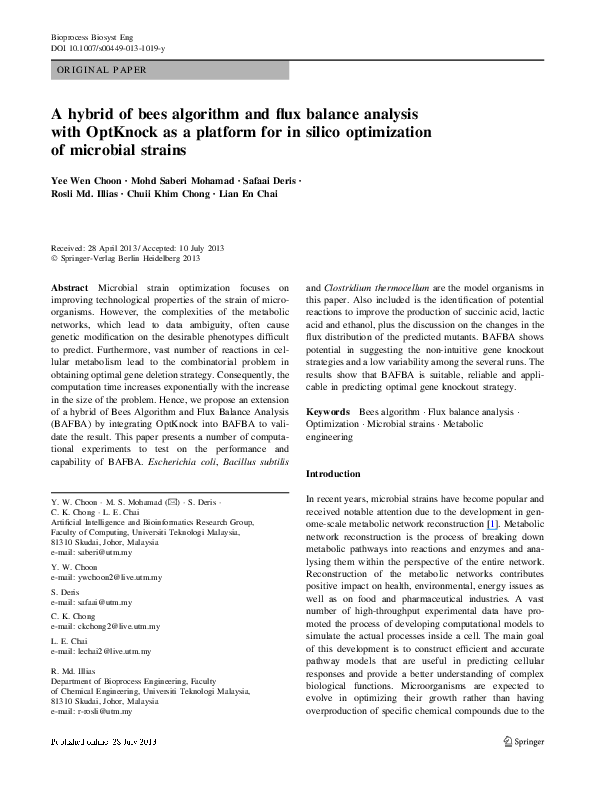 Pdf A Hybrid Of Bees Algorithm And Flux Balance Analysis With Optknock As A Platform For In