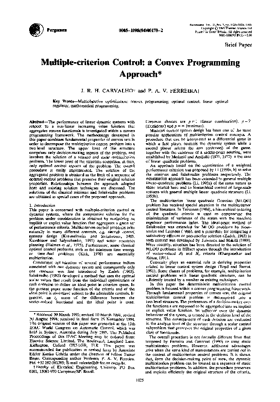 (PDF) Multiple-criterion control: a convex programming approach