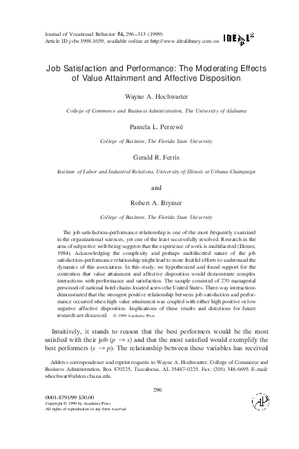 (PDF) Job Satisfaction and Performance: The Moderating Effects of Value ...