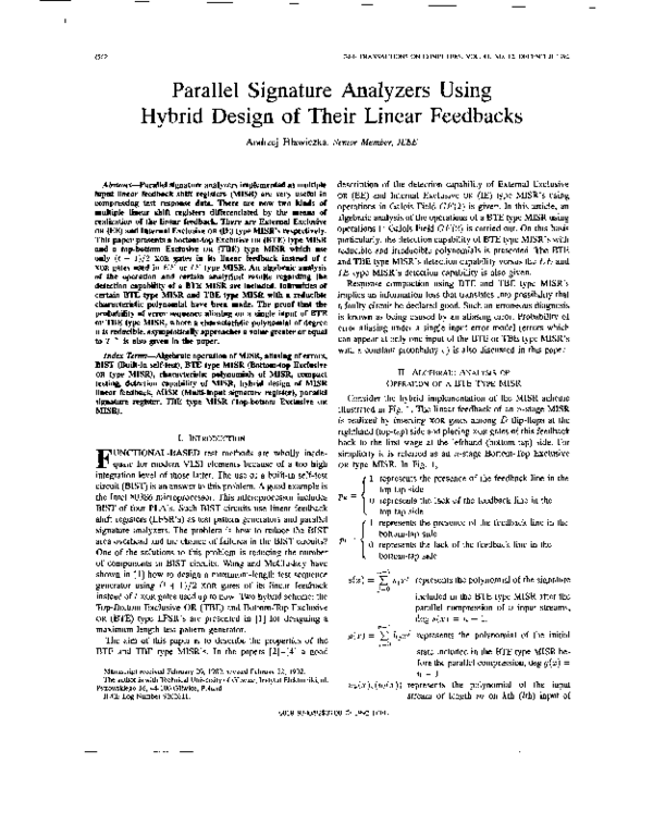 (PDF) Parallel signature analyzers using hybrid design of their linear feedbacks | A. Hlawiczka ...