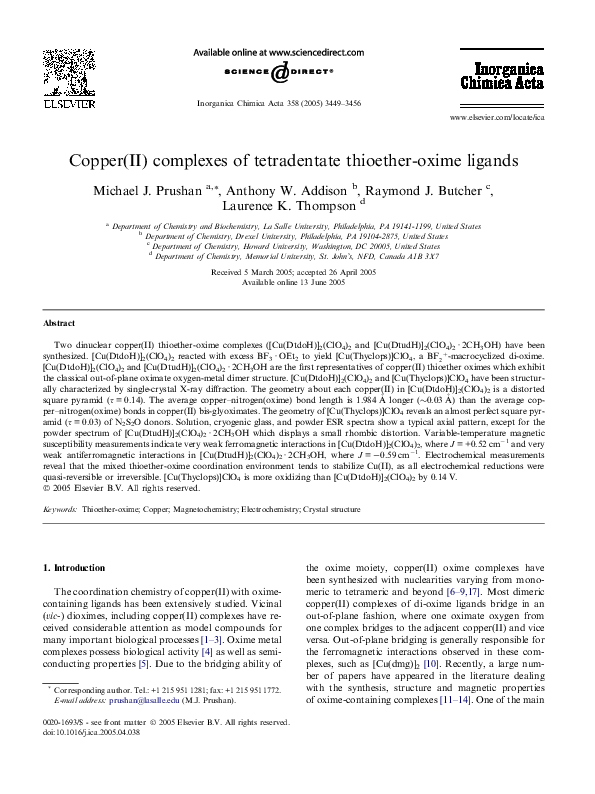 (PDF) Copper(II) complexes of tetradentate thioether-oxime ligands