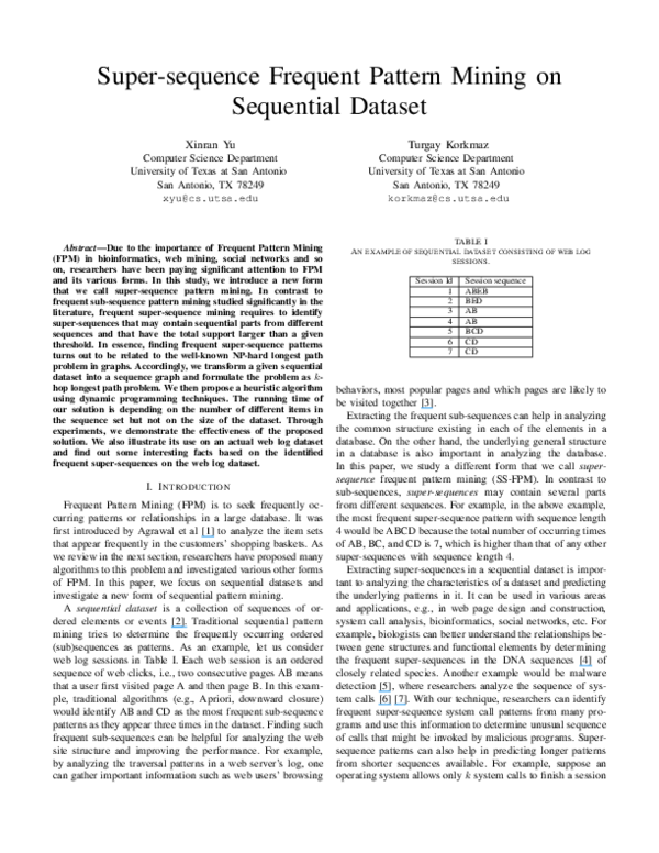 Pdf Super Sequence Frequent Pattern Mining On Sequential Dataset