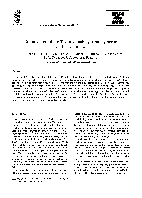 (PDF) Boronization of the TJ-I tokamak by trimethylboron and decaborane