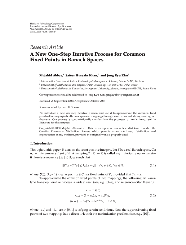 Pdf A New One Step Iterative Process For Common Fixed Points In Banach Spaces Abbas Hussain