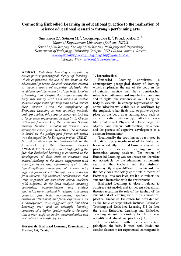 (PDF) Connecting Embodied Learning in educational practice to the realisation of science ...