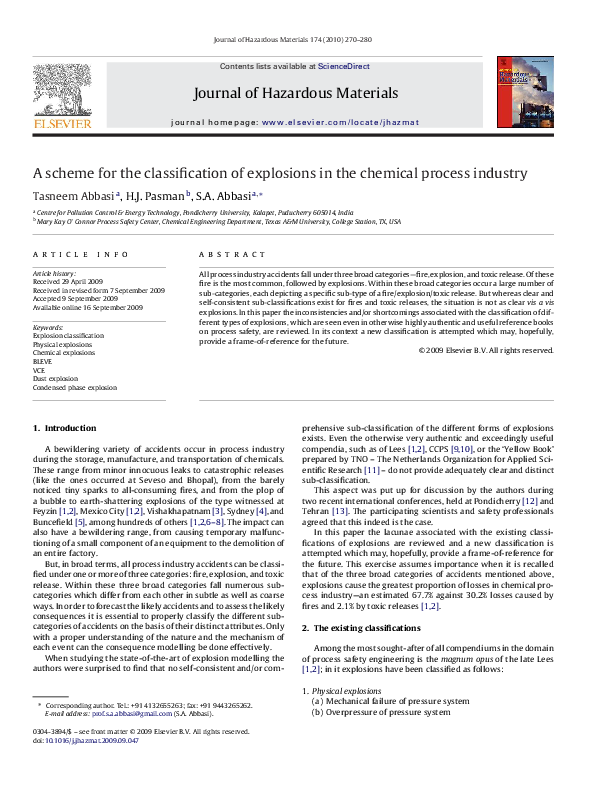 (PDF) A scheme for the classification of explosions in the chemical ...