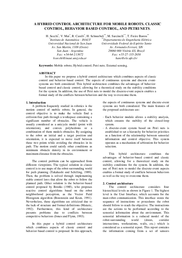(PDF) A hybrid control architecture for mobile robots. classic control, behavior based control ...
