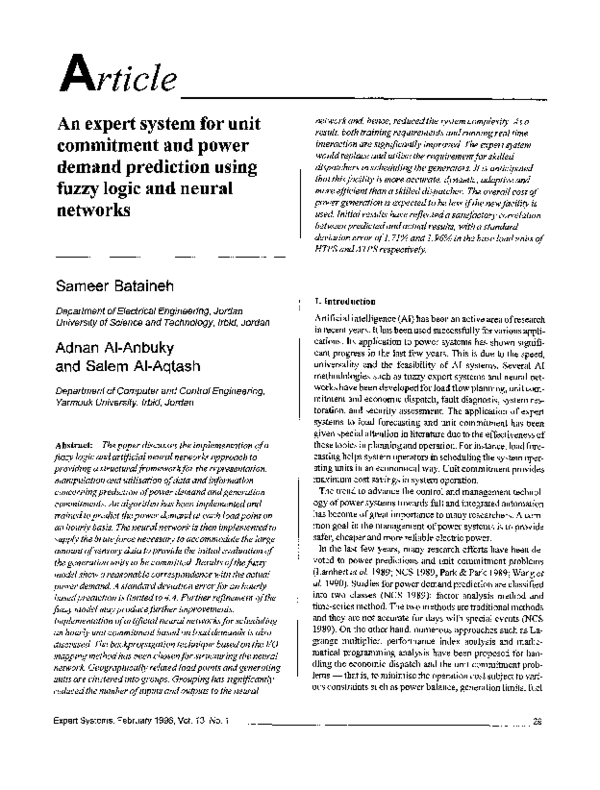 Pdf An Expert System For Unit Commitment And Power Demand Prediction