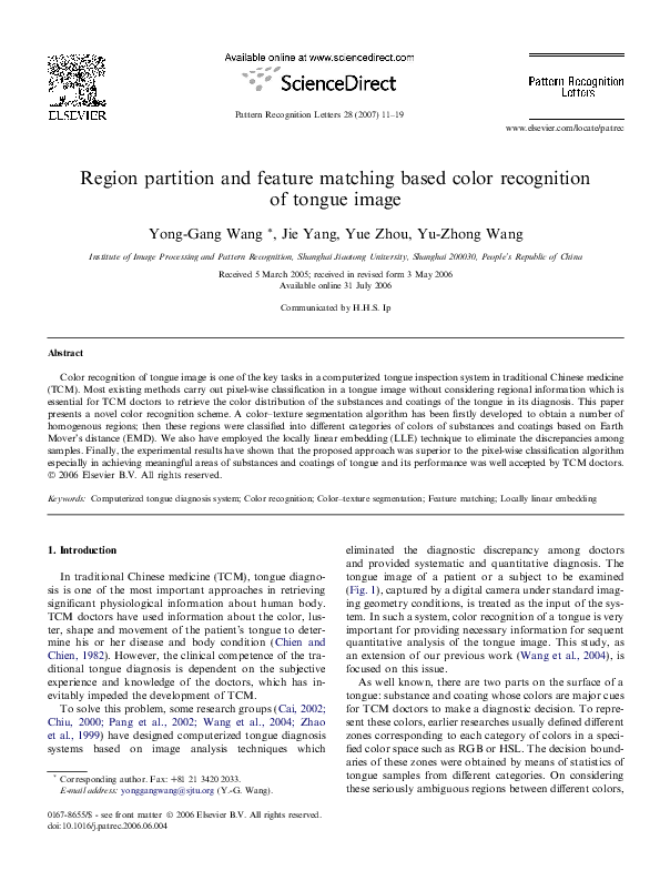 (PDF) Region partition and feature matching based color recognition of tongue image