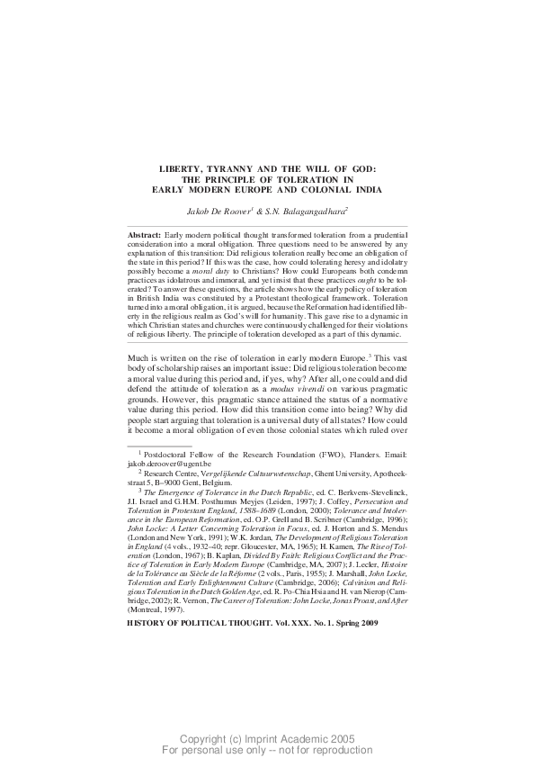 LIBERTY, TYRANNY AND THE WILL OF GOD: THE PRINCIPLE OF TOLERATION IN ...