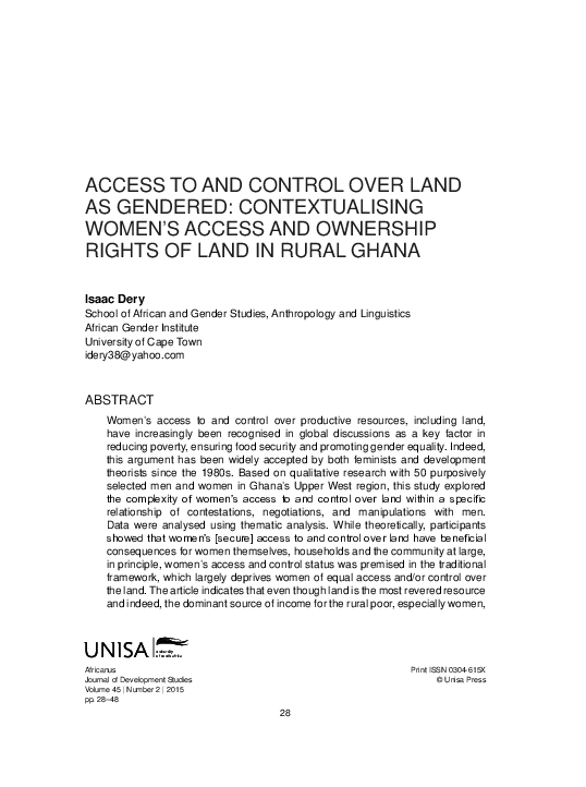 (PDF) ACCESS TO AND CONTROL OVER LAND AS GENDERED: CONTEXTUALISING ...