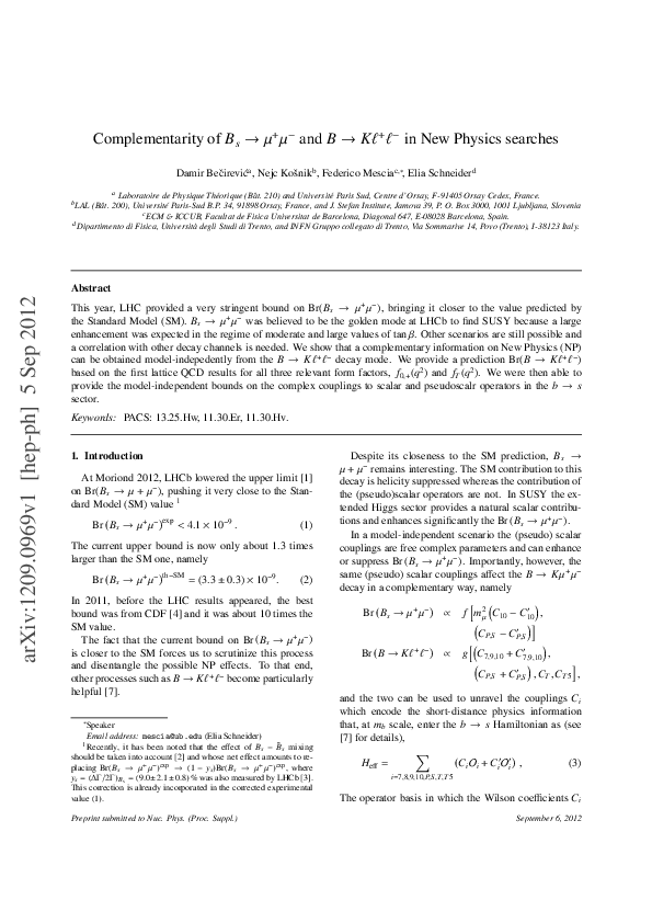 (PDF) Complementarity of Bs->mu+mu- and B-> K l+l- in New Physics searches