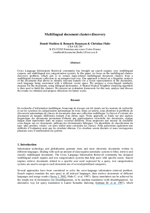 (PDF) A statistical approach for multilingual document clustering and topic extraction form ...