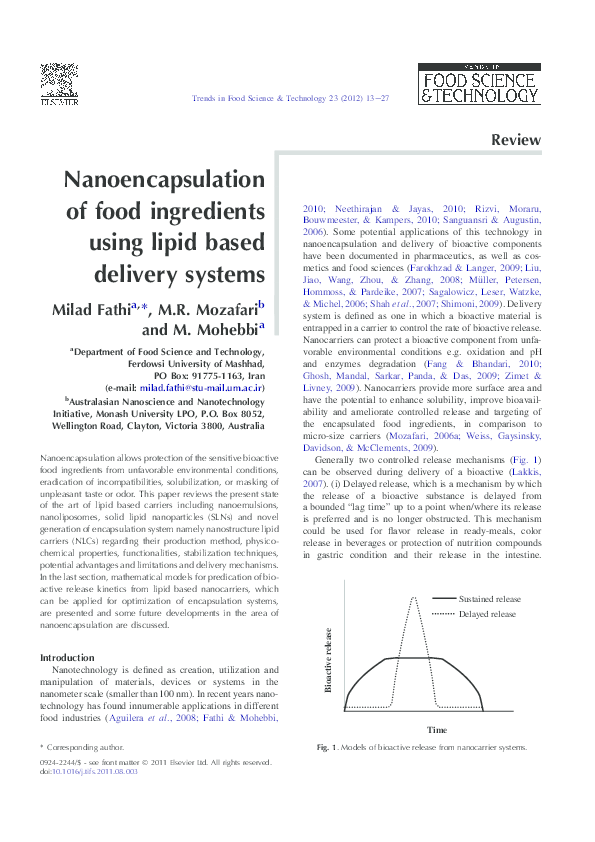 (PDF) Nanoencapsulation of food ingredients using lipid based delivery systems