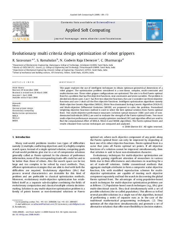 Pdf Evolutionary Multi Criteria Design Optimization Of Robot Grippers
