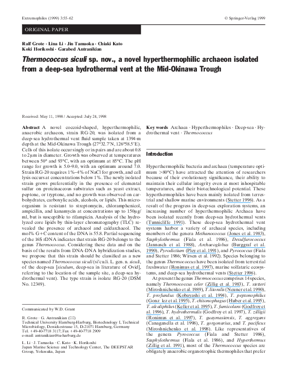 (PDF) Thermococcus siculi sp. nov., a novel hyperthermophilic archaeon ...